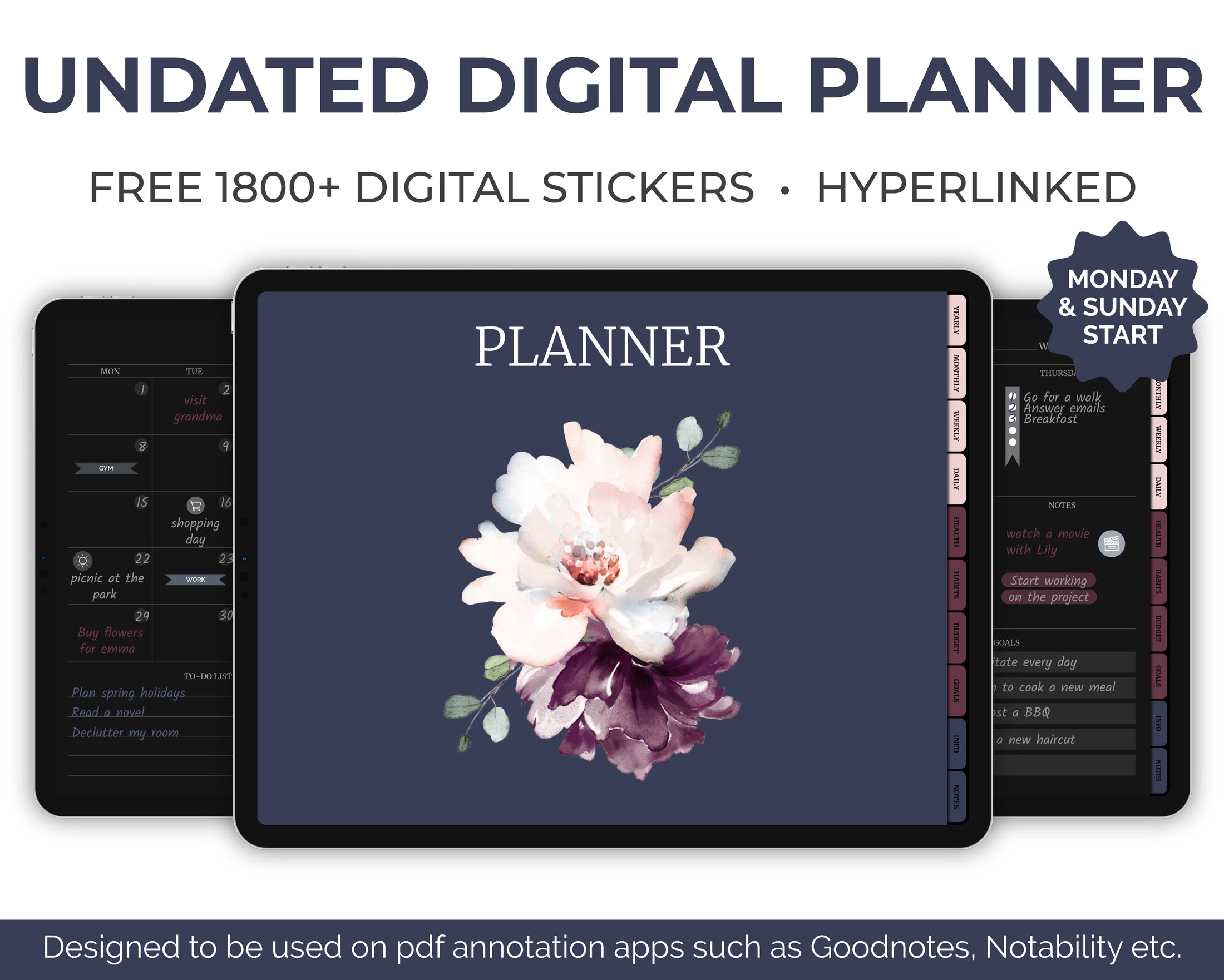 Undated Horizontal Simple Planner - Dark Mode – Anemone Planners