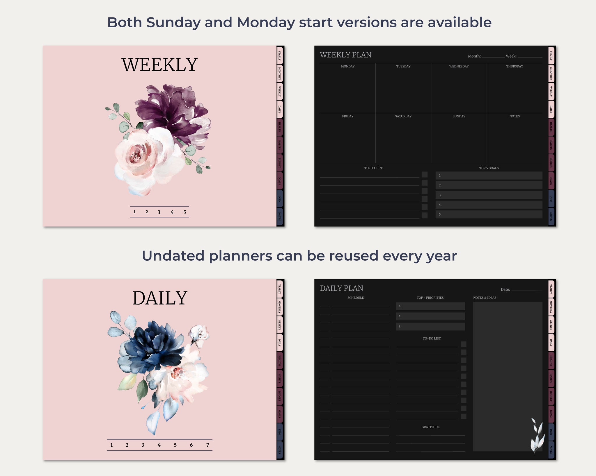 Undated Horizontal Simple Planner - Dark Mode – Anemone Planners
